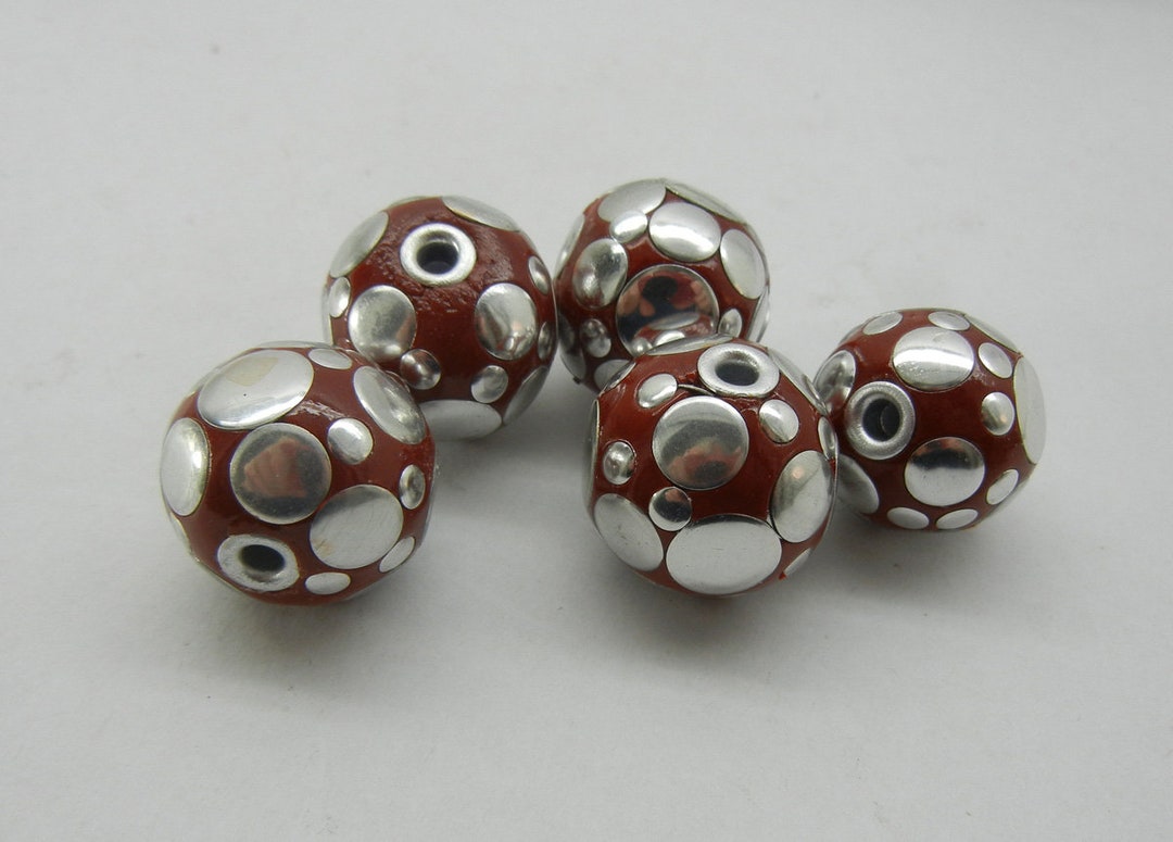 RED INDONESIA BEAD, 2 Tribal Style Beads, Clay Bead, Red and Silver ...