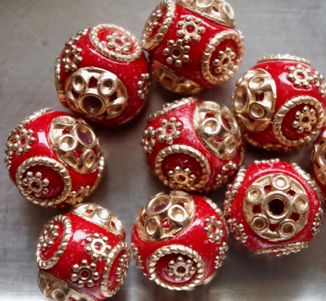 RED INDONESIA BEAD, (2) Tribal Style Beads, Clay Bead, Red and Gold ...