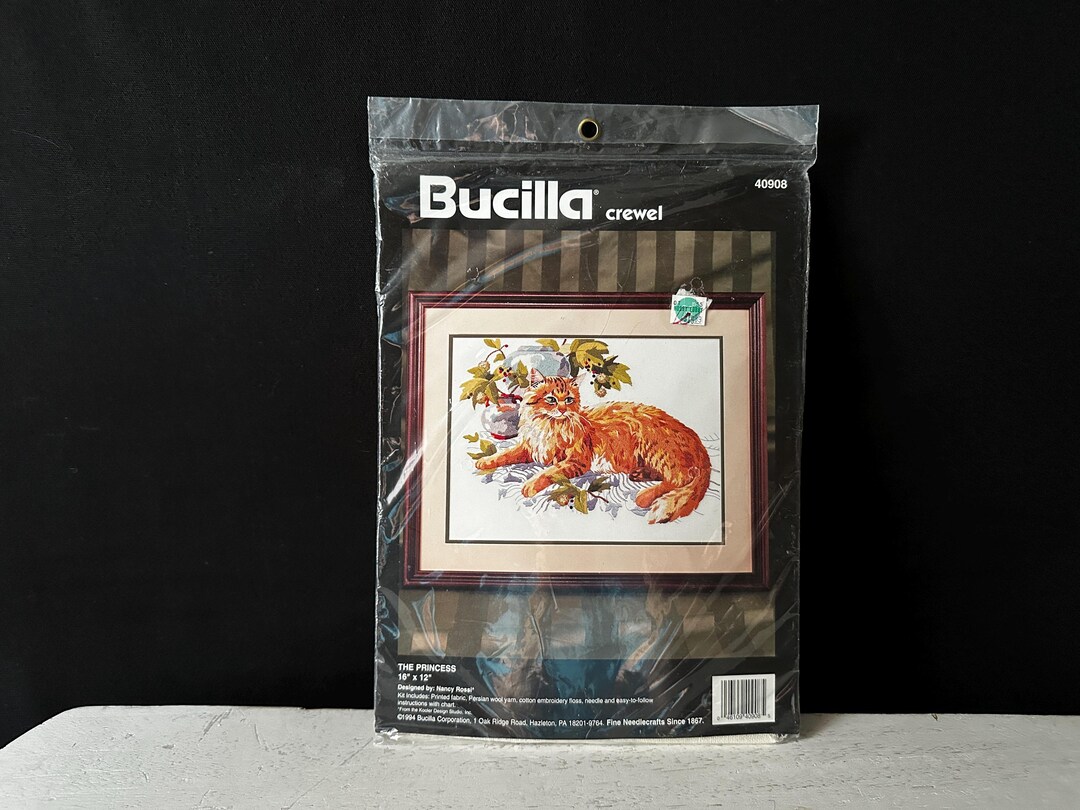 1994 Unopened Complete BUCILLA Crewel Embroidery Kit Titled the Princessa Tabby Cat Relaxing - Etsy