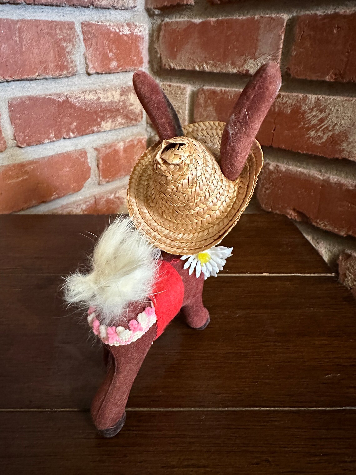 1950s Vintage Flocked Donkey With Straw Hat & White Fuzzy, Furry Tail ...