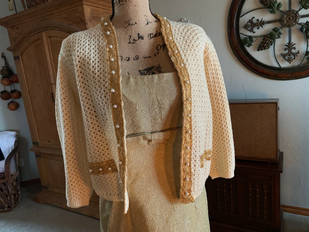 Vintage 1950s Pale Yellow Bolero-style Sweater Gold Trim With Embedded ...