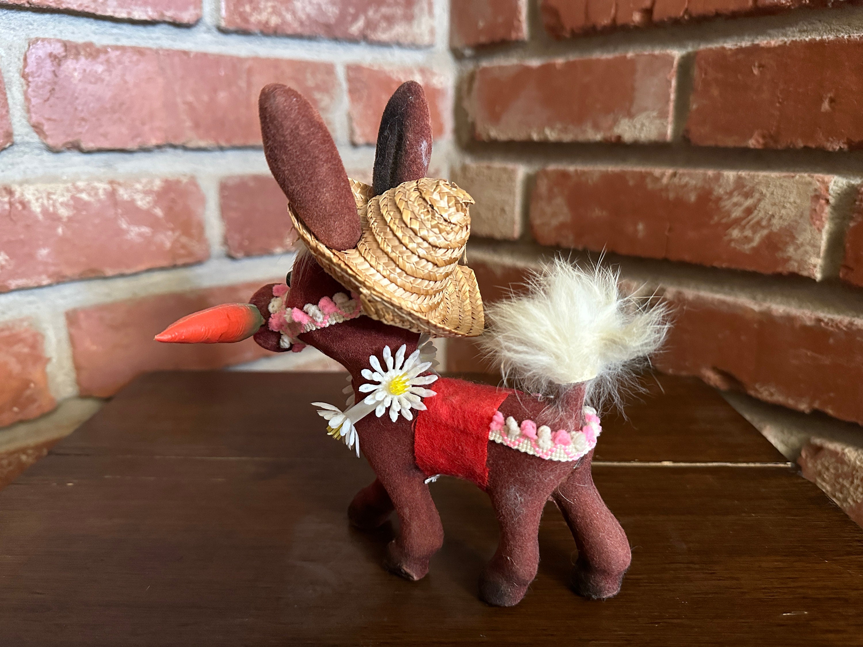 1950s Vintage Flocked Donkey With Straw Hat & White Fuzzy, Furry Tail ...