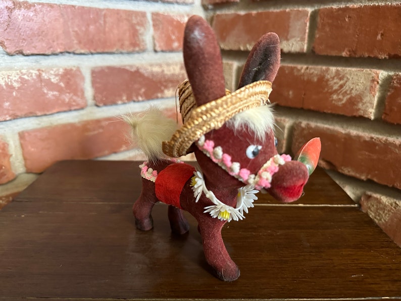 1950s Vintage Flocked Donkey With Straw Hat & White Fuzzy, Furry Tail ...
