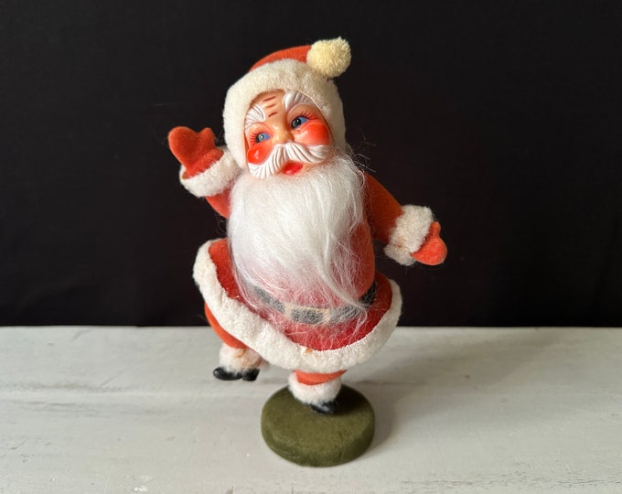 Vintage 1950s Dancing Flocked 9” SANTA CLAUS on Round Black Felt Stand ...