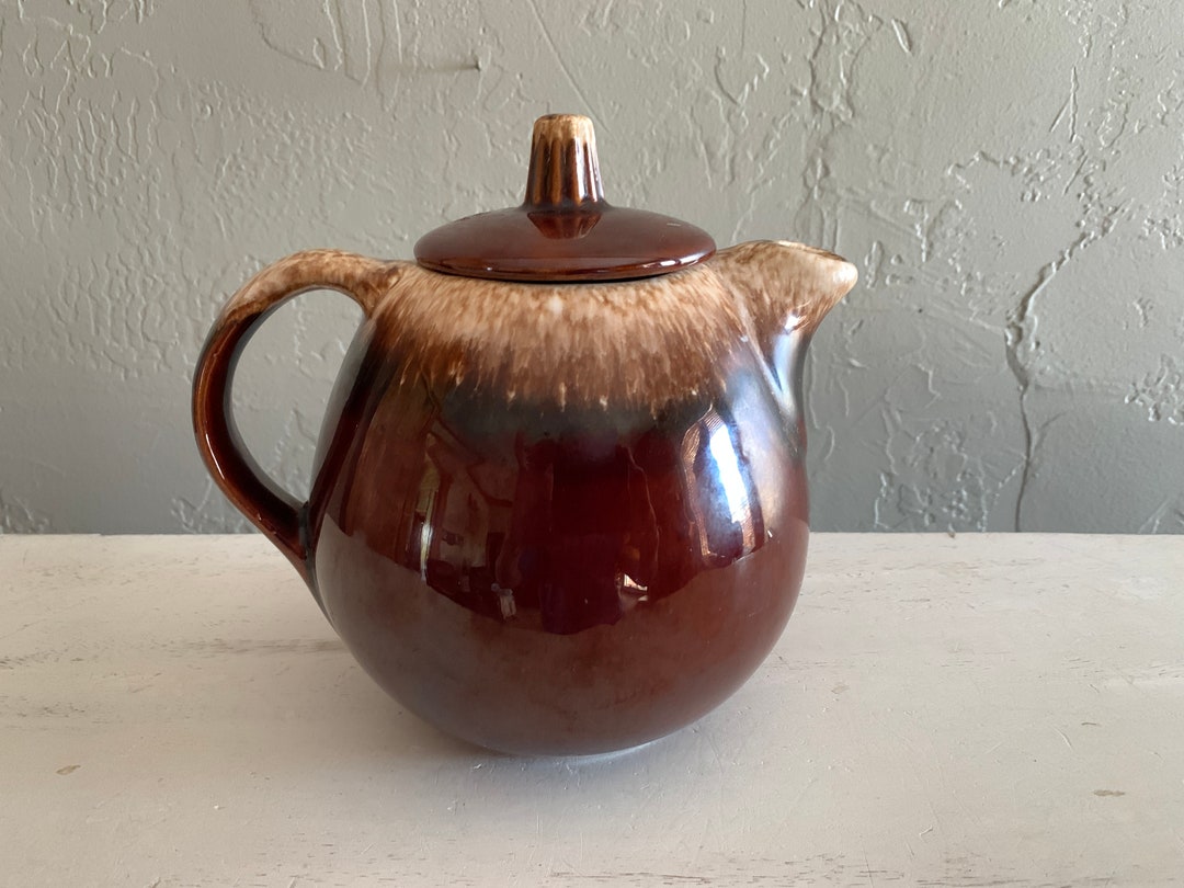 1970s Vintage Mid Century HULL POTTERY USA Brown Drip Glaze Teapot W ...