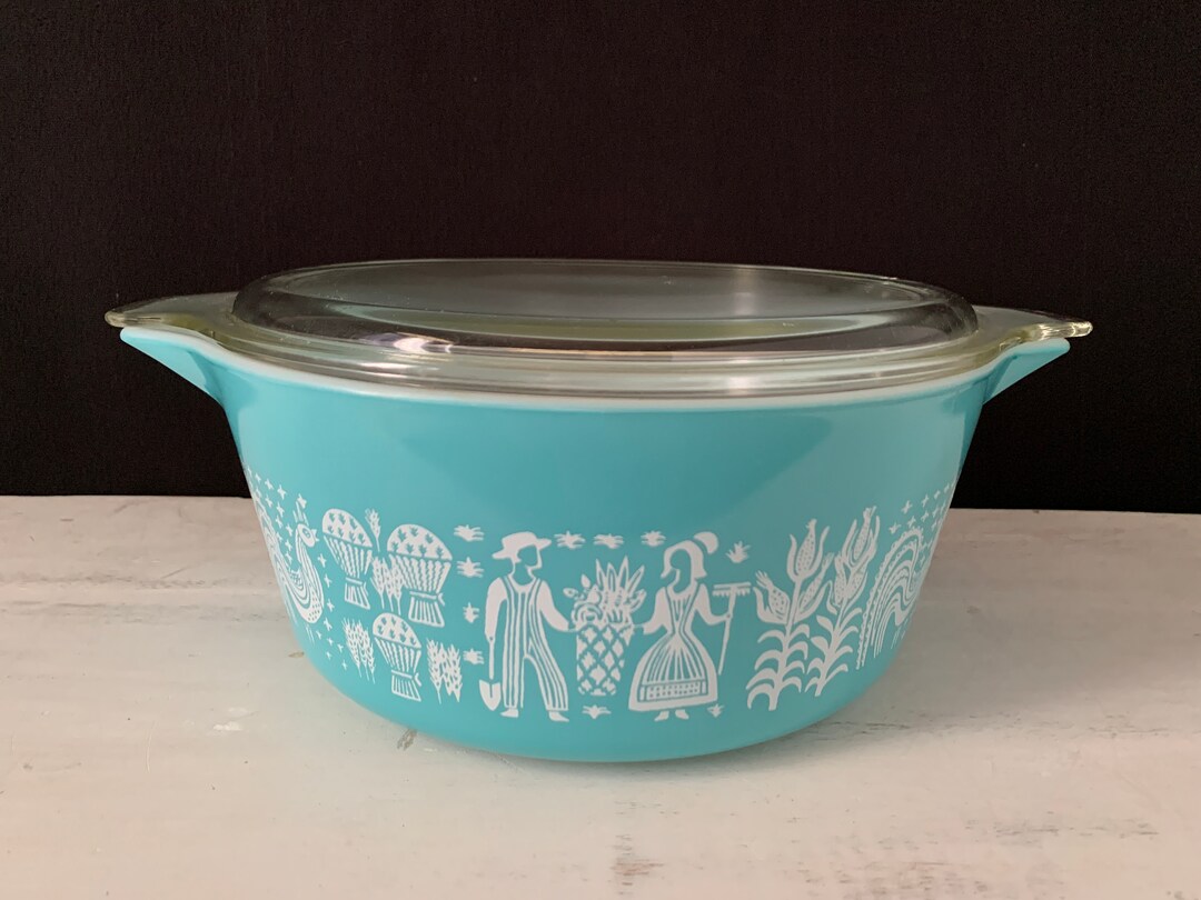 Vintage Pyrex Butterprint Bowl: Turquoise Amish Design, Clear Lid - Etsy