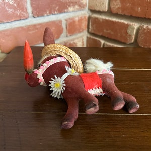 1950s Vintage Flocked Donkey With Straw Hat & White Fuzzy, Furry Tail ...
