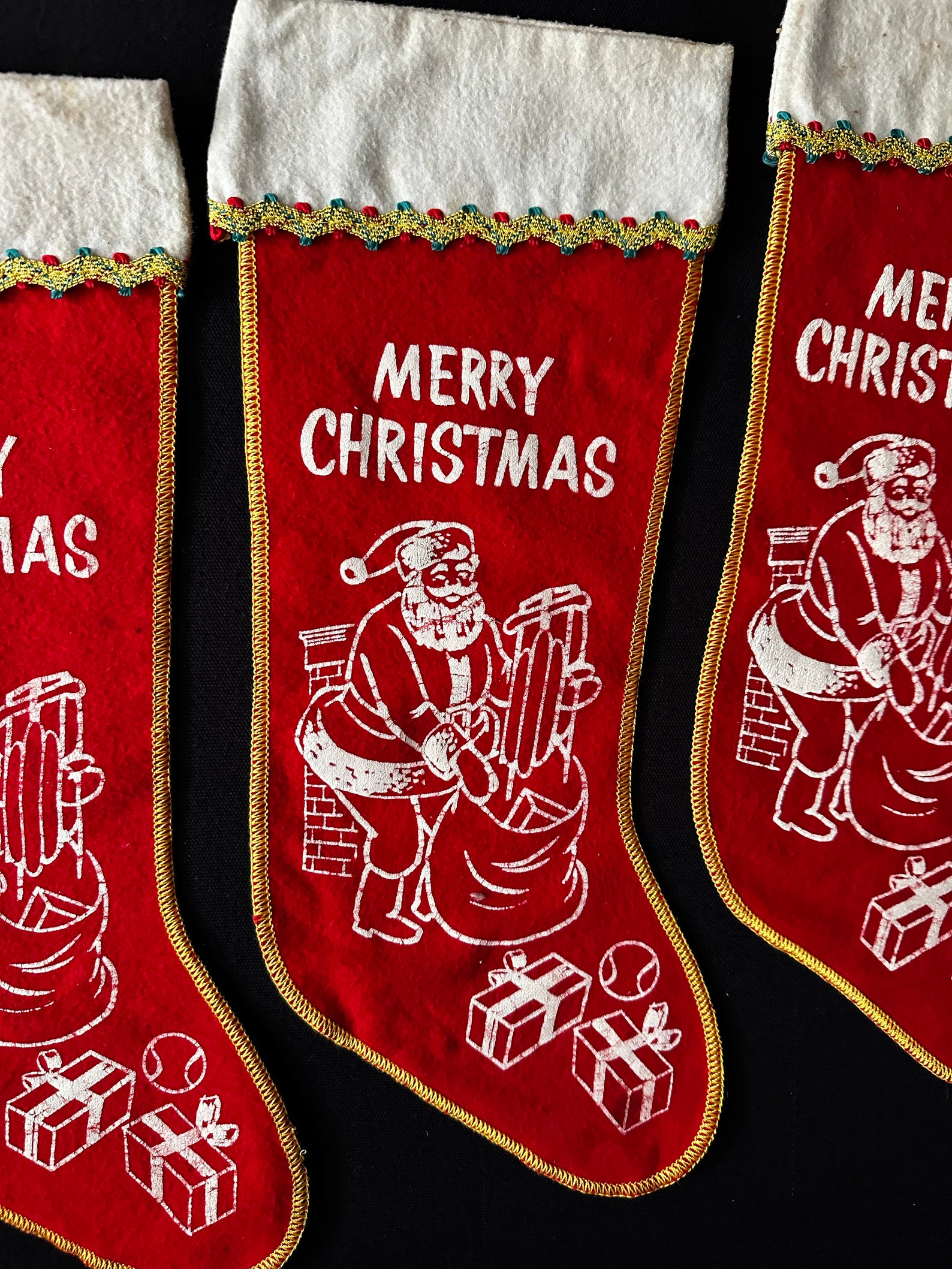 Vintage Stencil “MERRY CHRISTMAS” Stockings - Santa by the Chimney With ...