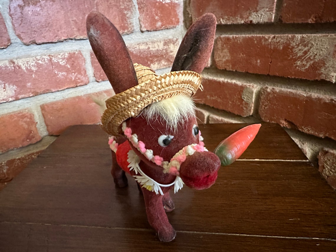 1950s Vintage Flocked Donkey With Straw Hat & White Fuzzy, Furry Tail ...