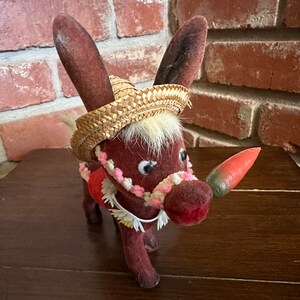 1950s Vintage Flocked Donkey With Straw Hat & White Fuzzy, Furry Tail ...