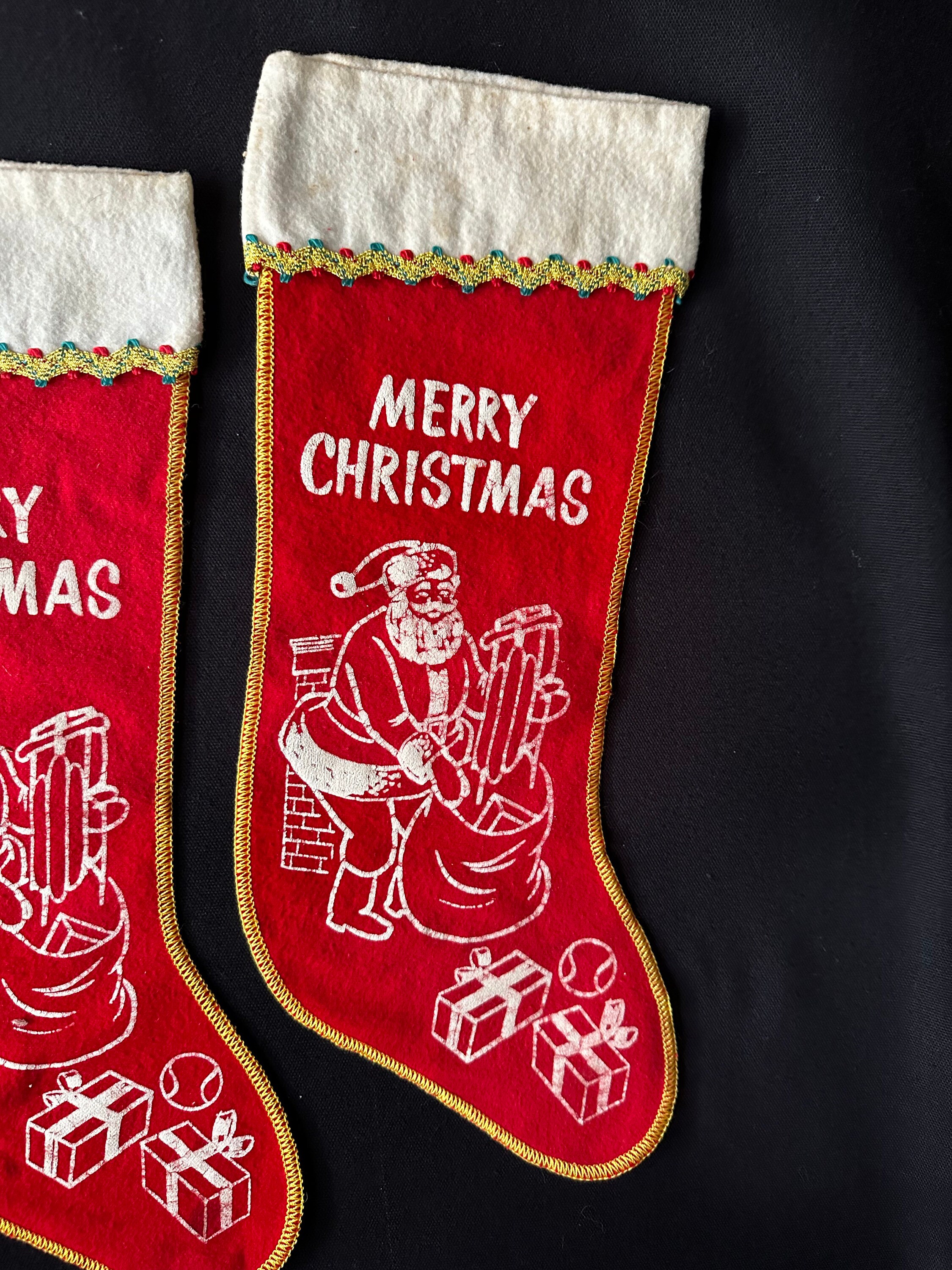 Vintage Stencil “MERRY CHRISTMAS” Stockings - Santa by the Chimney With ...