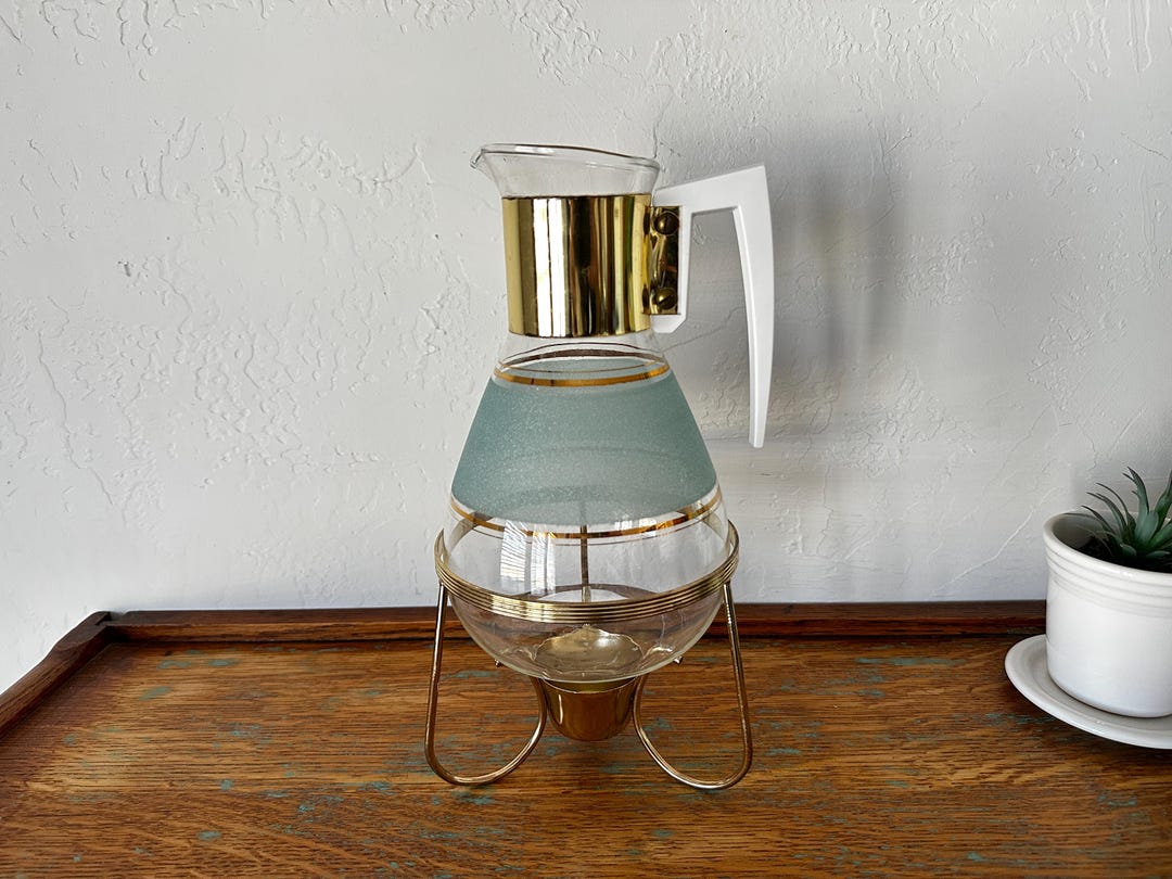 MCM Glass Coffee Carafe With Gold and Turquoise Stripes and Original ...