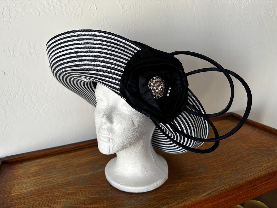 Vintage WHITTALL & SHON Striped Hat With Large Satin Flower and Center ...