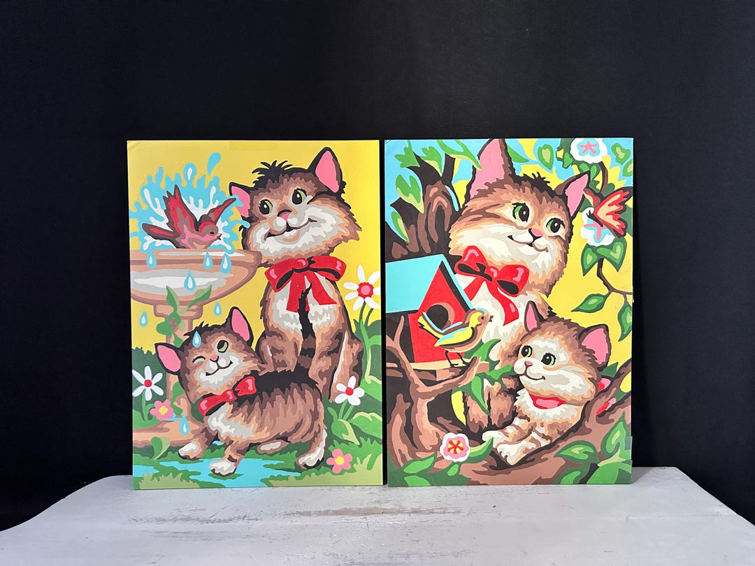 Vintage Pair of Finished Kitty Cat Paint-by-number Paintings - Etsy