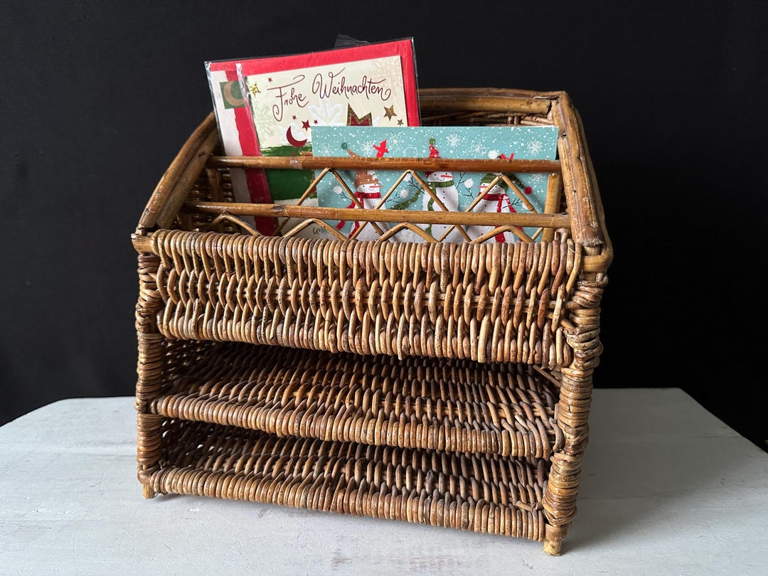 1970s-80s Vintage Rattan Desk Organizer With Two Letter Shelves & Three ...