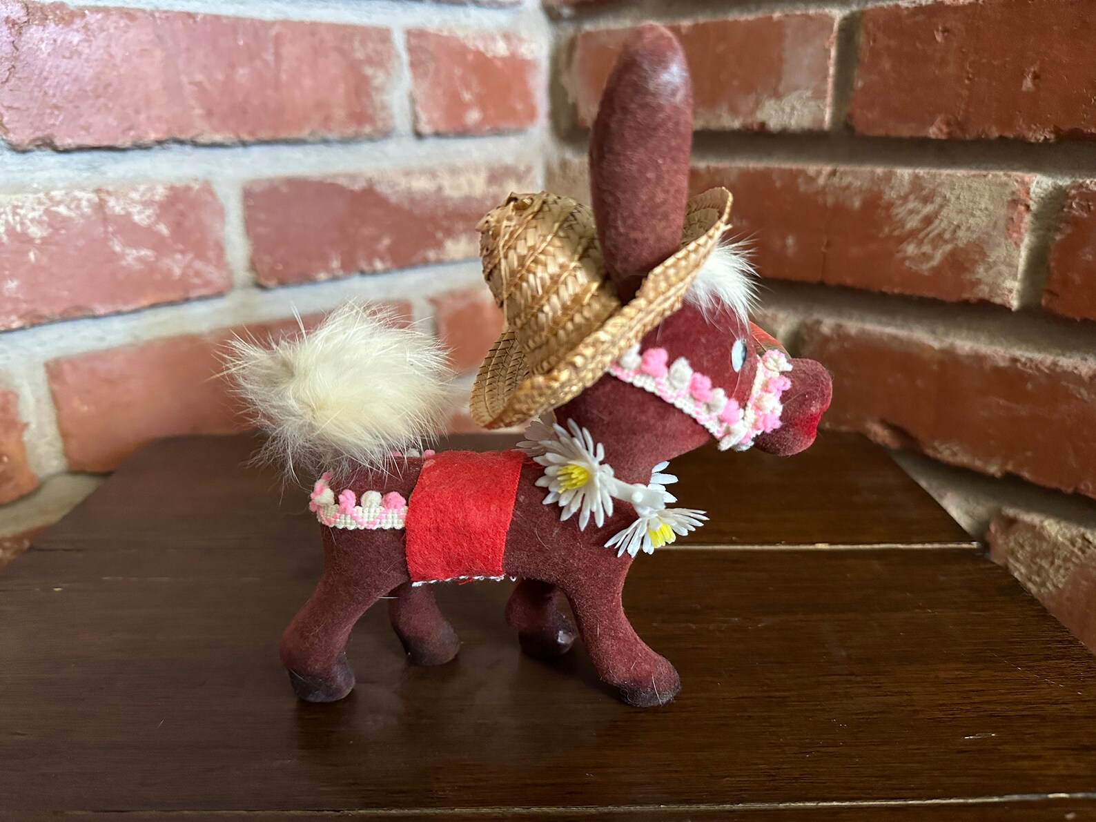 1950s Vintage Flocked Donkey With Straw Hat & White Fuzzy, Furry Tail ...