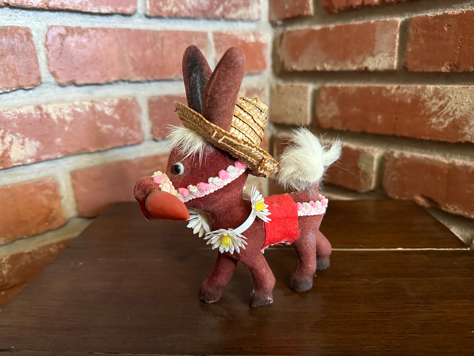 1950s Vintage Flocked Donkey With Straw Hat & White Fuzzy, Furry Tail ...