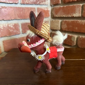 1950s Vintage Flocked Donkey With Straw Hat & White Fuzzy, Furry Tail ...