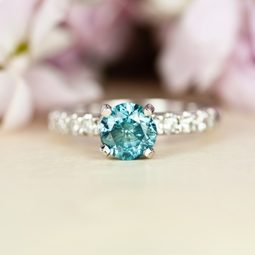 Light Blue Diamond Engagement Ring | 14k White Gold, Round Cut - Etsy