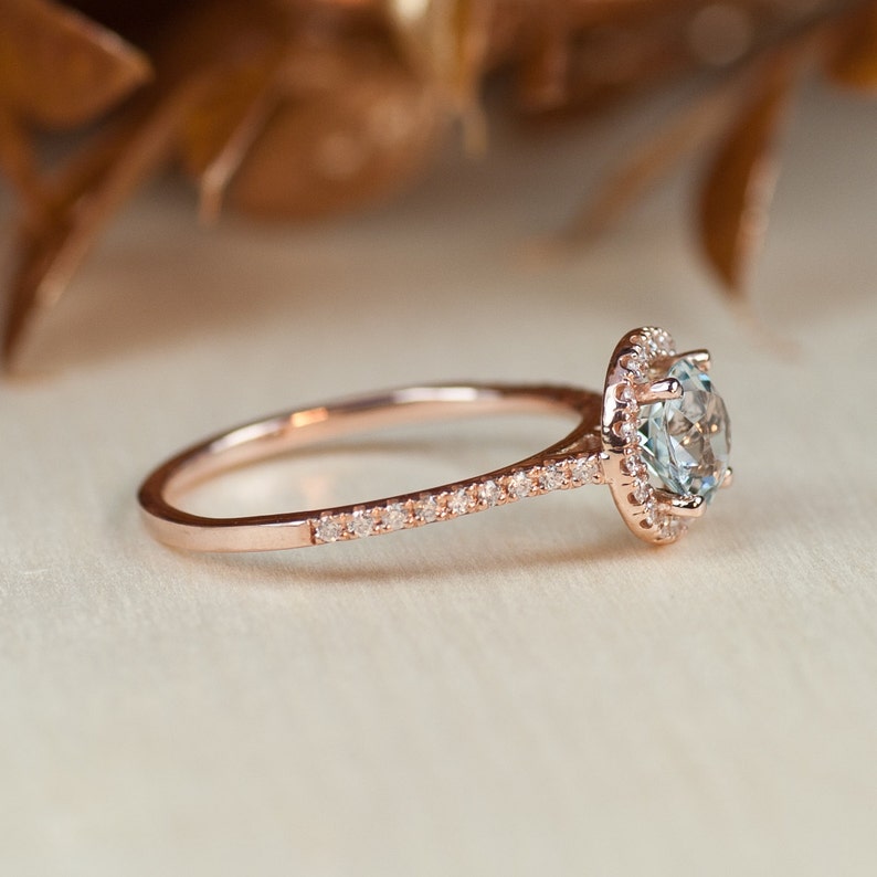 Aquamarine Rose Gold Ring Aquamarine Halo Ring Diamond - Etsy
