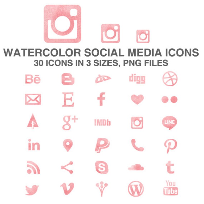 Watercolor Social Media Icons Set of 30 Pink Icons in 3 Sizes - Etsy