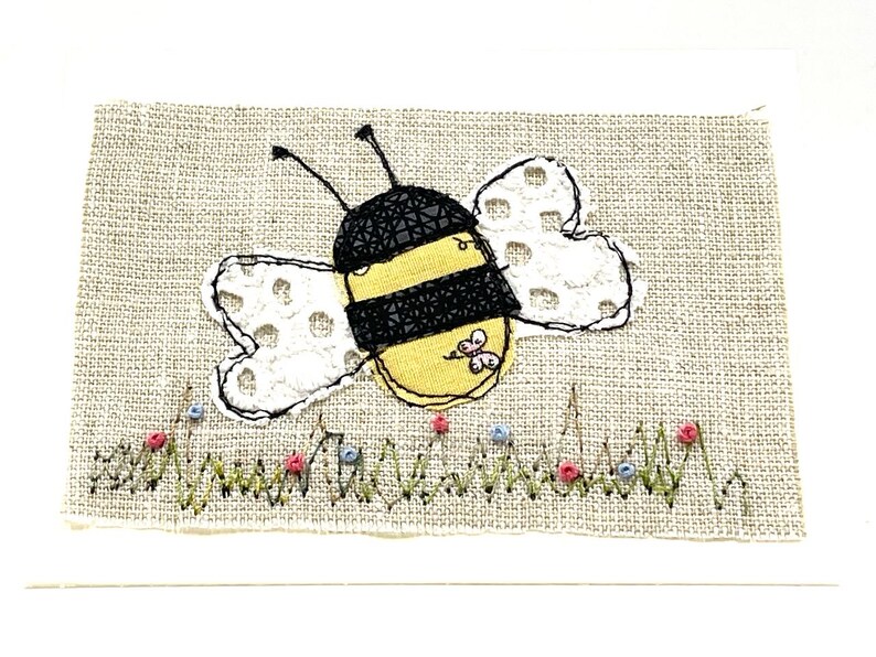 Handmade Bee Card: Machine Embroidered Linen Applique, Textile Art - Etsy