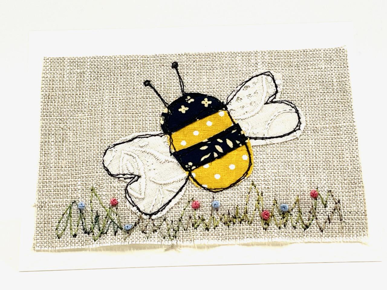 Handmade Bee Card: Machine Embroidered Linen Applique, Textile Art - Etsy