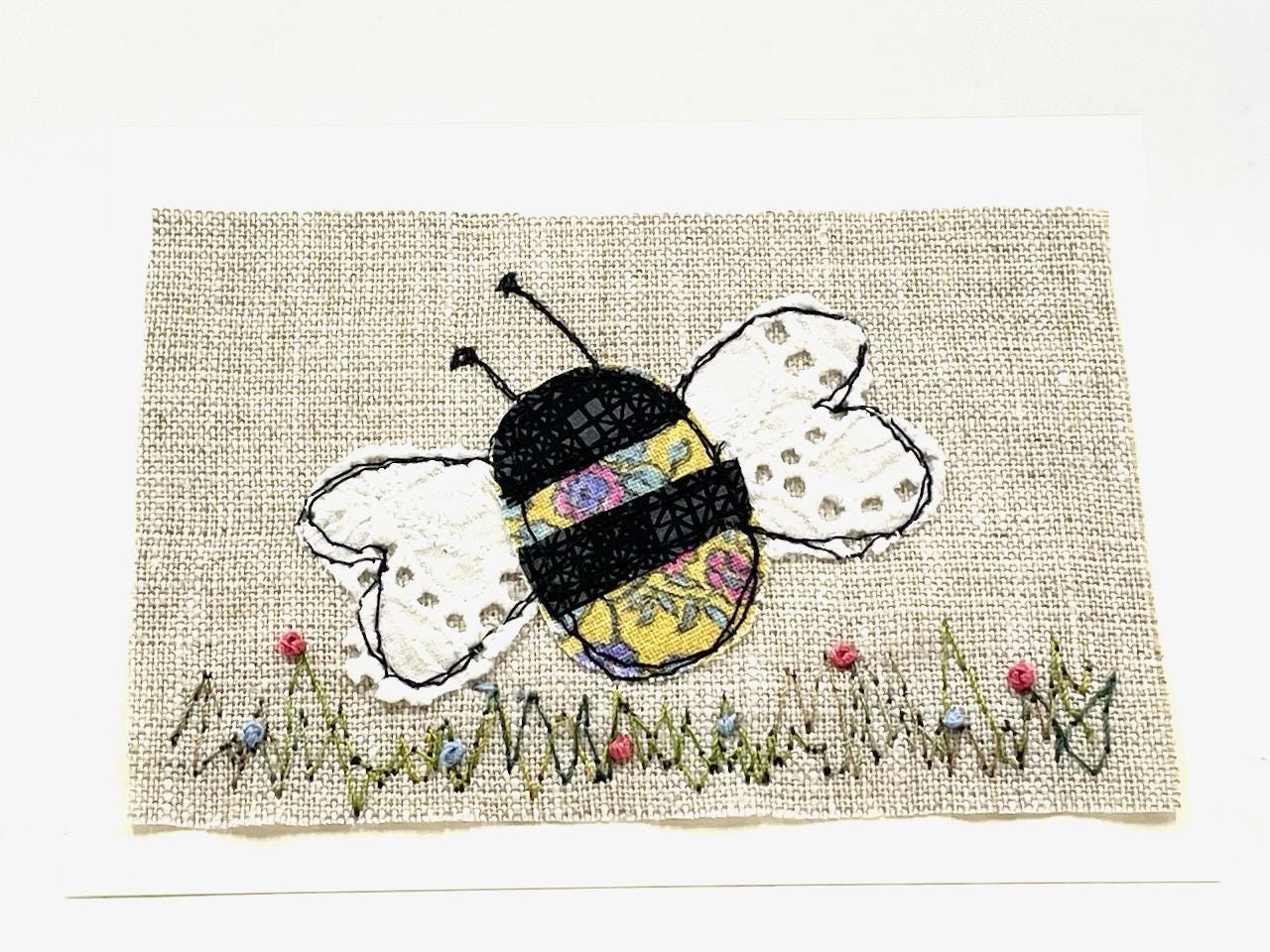 Handmade Bee Card: Machine Embroidered Linen Applique, Textile Art - Etsy