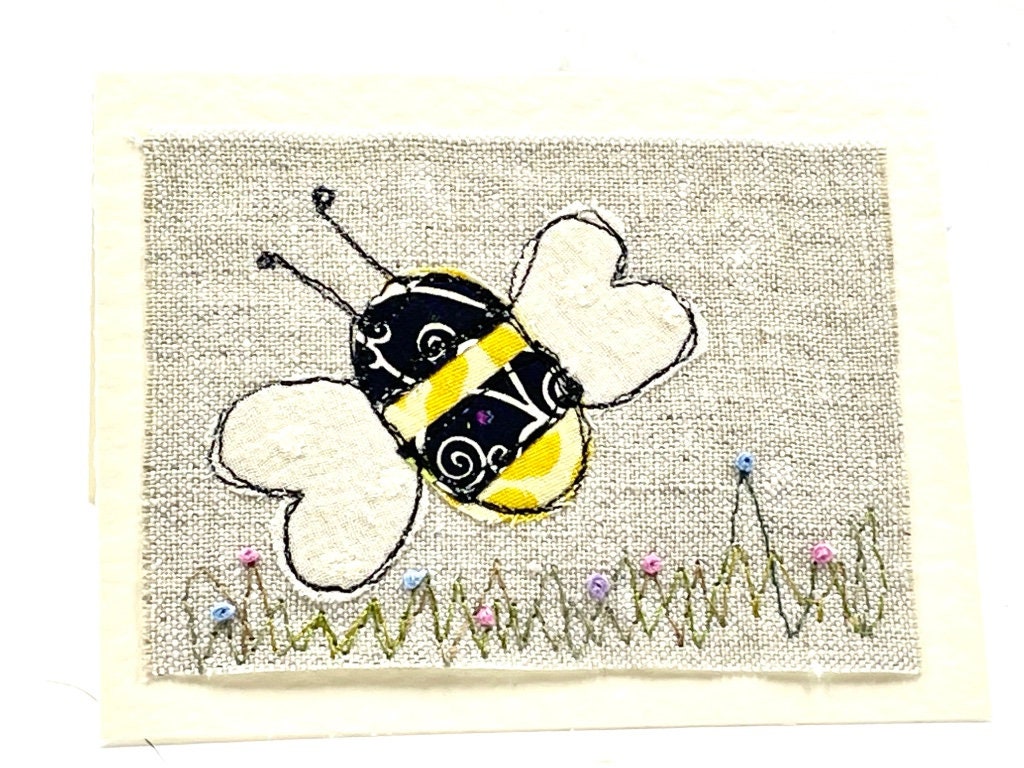 Handmade Bee Card: Machine Embroidered Linen Applique, Textile Art - Etsy