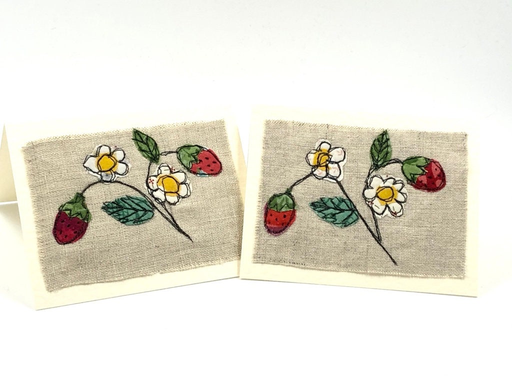 Spring Strawberry Card, Original Machine Embroidered Greeting Card ...