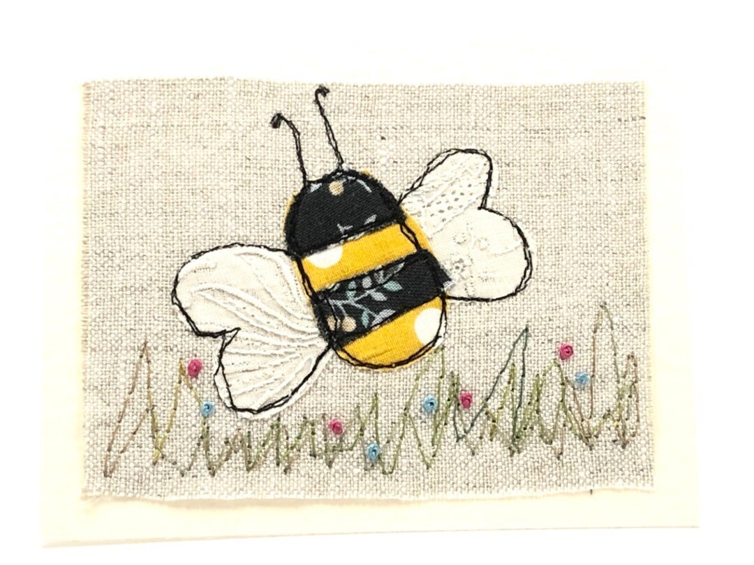 Handmade Bee Card: Machine Embroidered Linen Applique, Textile Art - Etsy