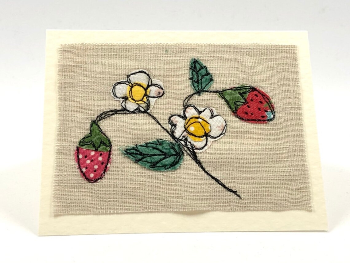 Spring Strawberry Card, Original Machine Embroidered Greeting Card ...