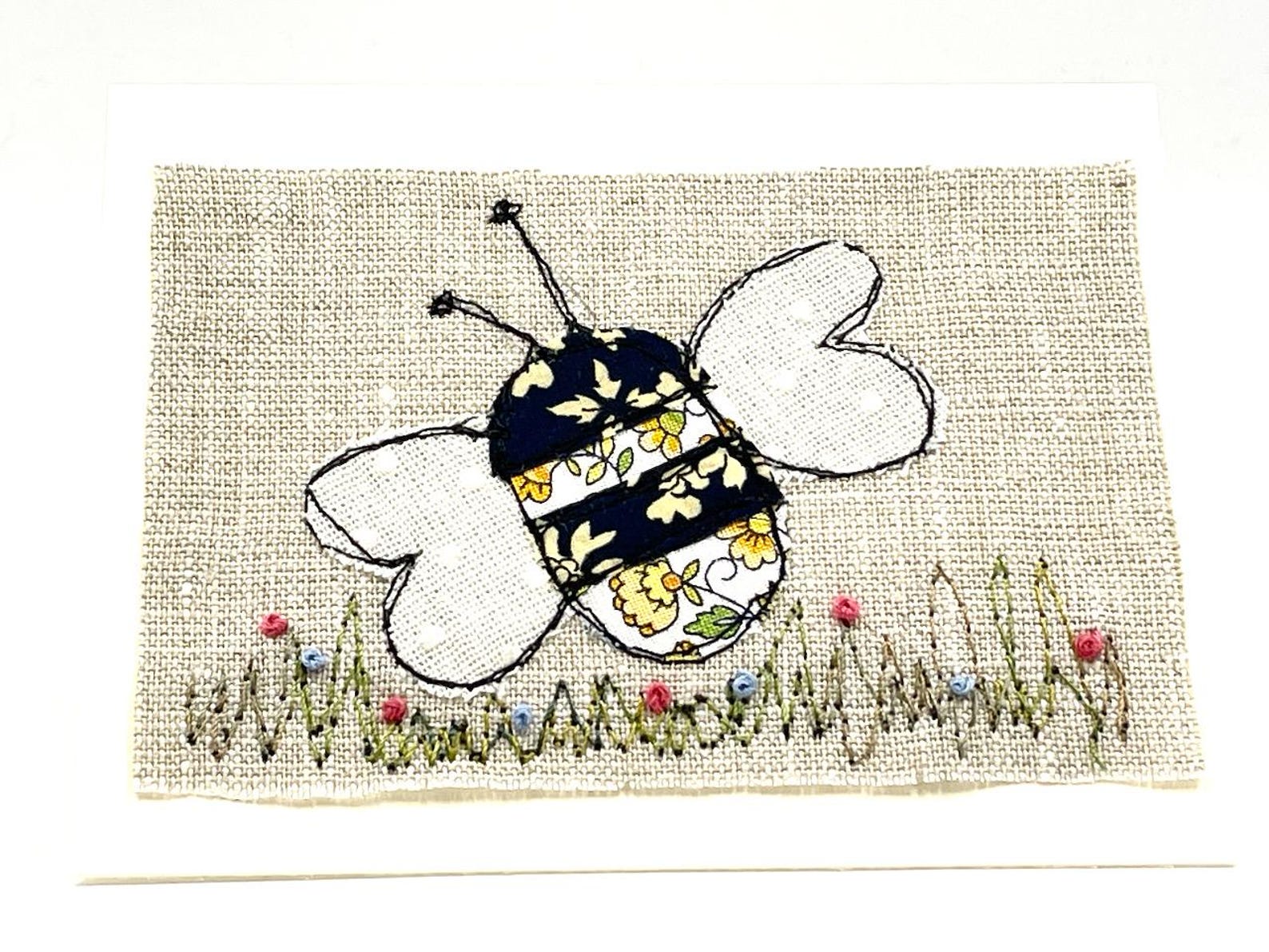 Handmade Bee Card: Machine Embroidered Linen Applique, Textile Art - Etsy