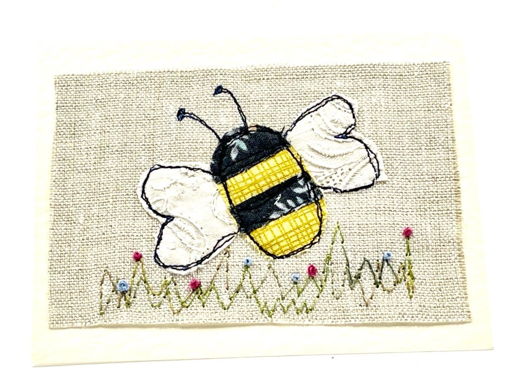 Handmade Bee Card: Machine Embroidered Linen Applique, Textile Art - Etsy