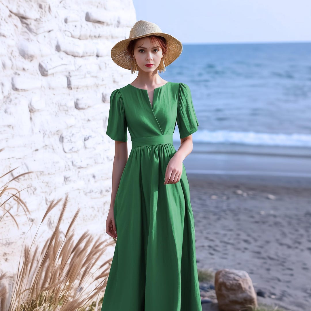 Anysize Custom Puff Sleeves 100% Linen V-neck Dress With Belt Side ...