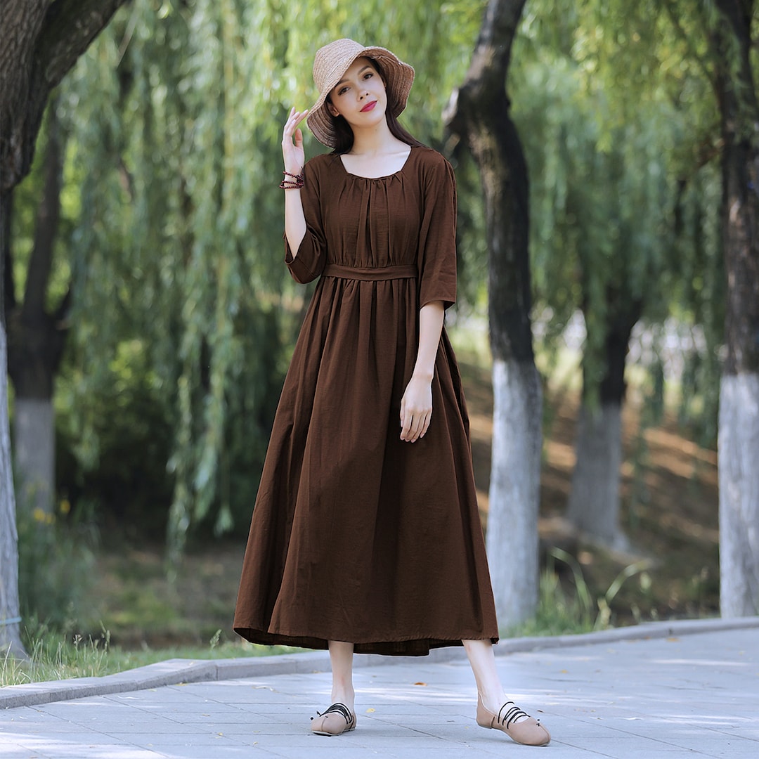 Anysize Custom Neoclassical Maxi Dress 100% Linen With 3/4 Sleeves Side ...