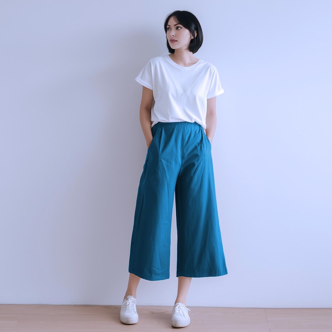 Anysize Custom 100% Linen Cropped Elastic Waist Pants With Side Pockets ...