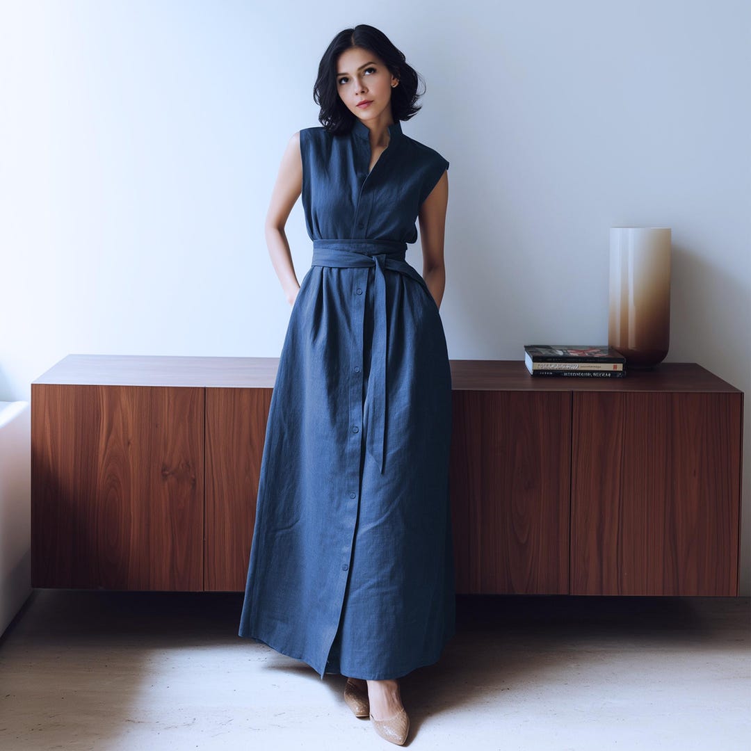 Anysize Custom 100% Linen Shirt Dress Sleeveless Buttoned Maxi Dress ...