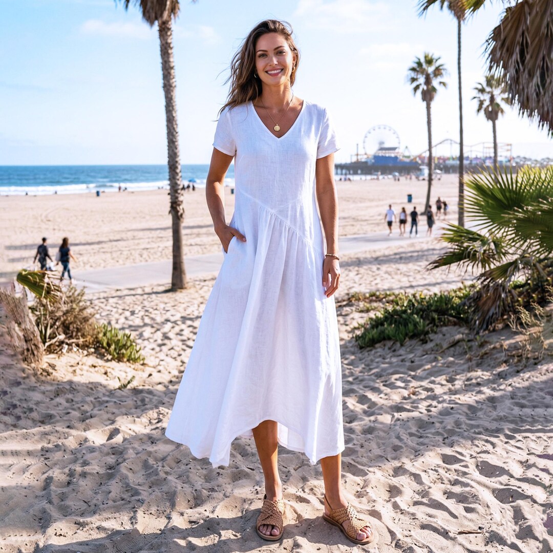 Anysize Custom 100% Linen Short Sleeve V Neck Dress Asymmetrical Panel ...