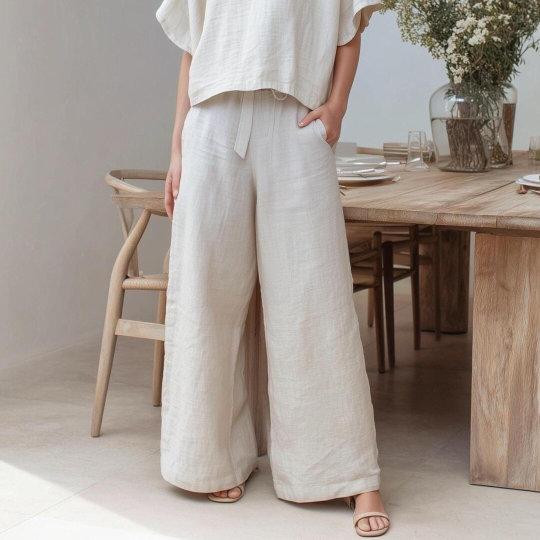 Anysize Custom Wide Leg 100% Linen Pants Elastic Waist With Pockets ...