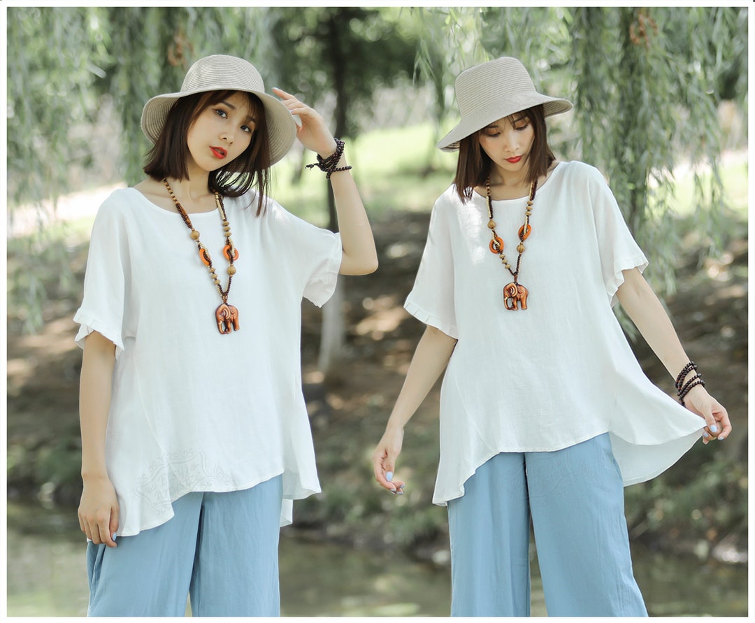 Anysize Flowy Tops With Ruffle Sleeves Soft Linen Cotton Blouse Spring ...