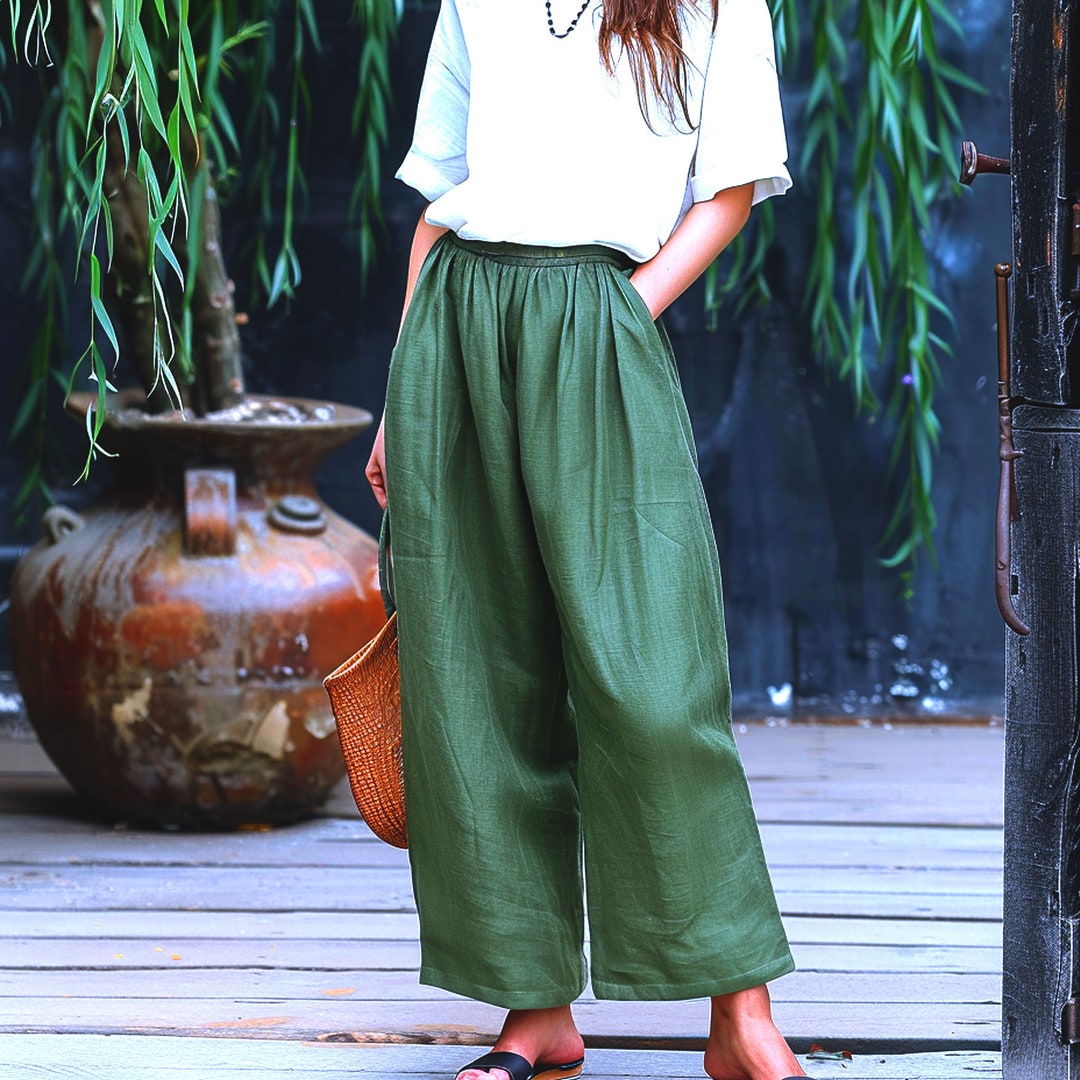 Anysize Custom 100% Linen Cropped Elastic Waist Loose Pants Spring ...