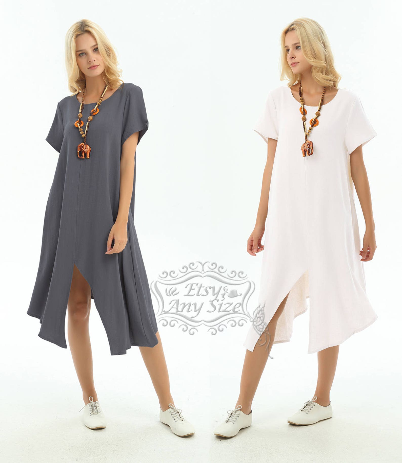 Anysize Front Middle Split Design Soft Linen Dress Short - Etsy