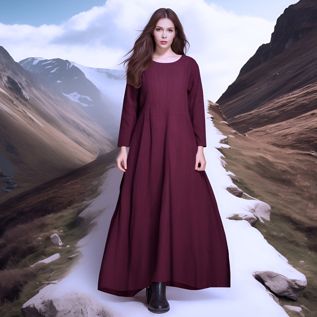 Anysize Casual Loose Fall Winter Dress Long Sleeves A-line Maxi Cotton ...