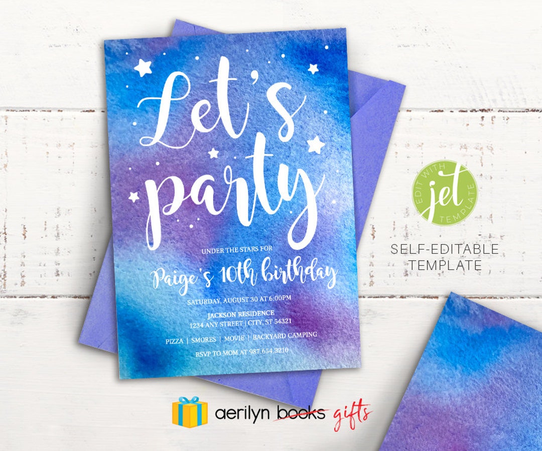 Under the Stars Birthday Invitation | Watercolor Design | Sleepover ...