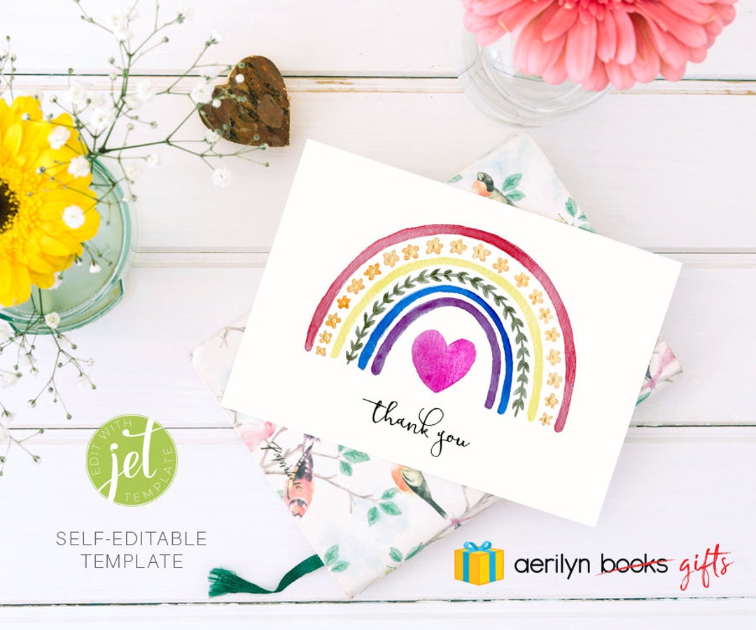 Rainbow Thank You Card Template | Watercolor Editable Printable DIGITAL ...
