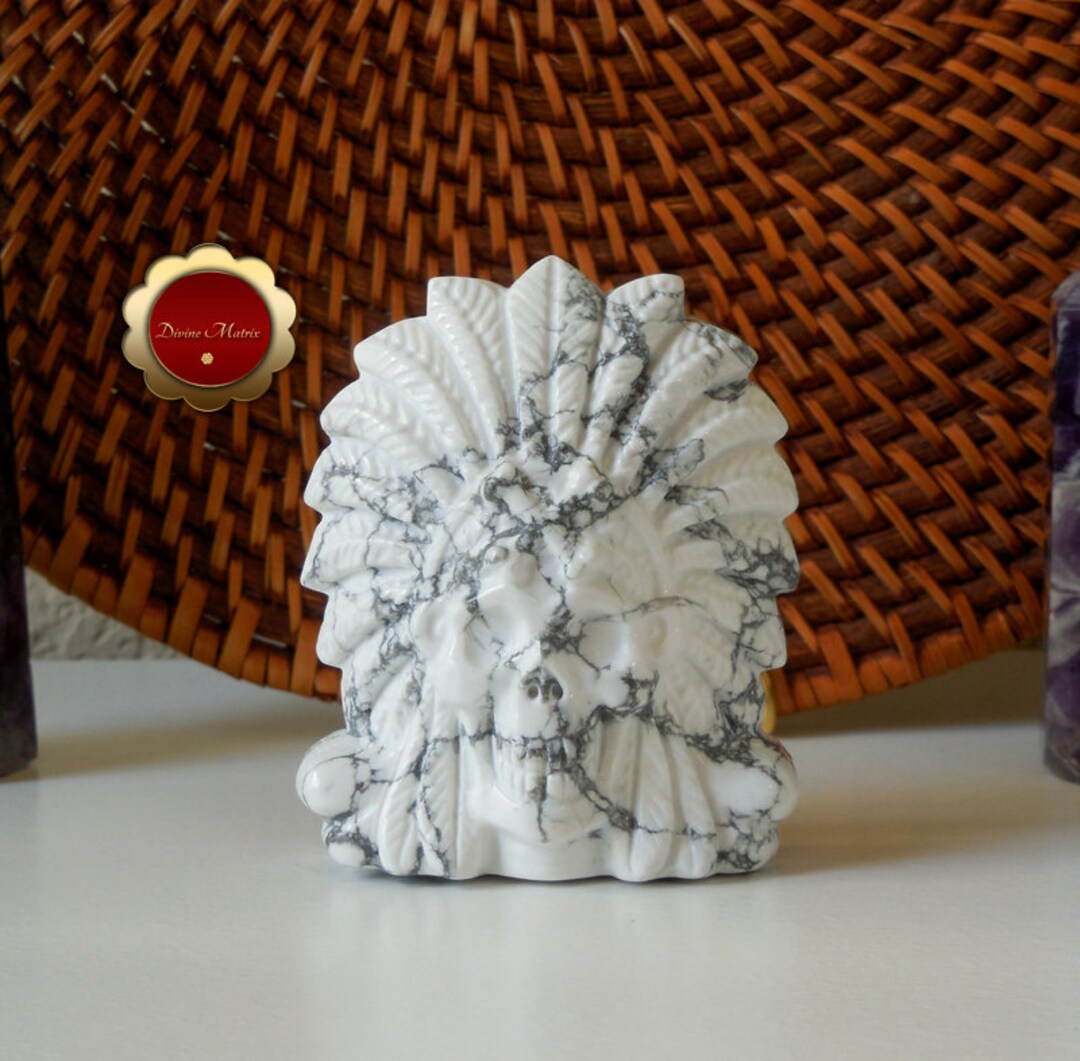 Howlite Indian Skull, Large Carving, Polished Howlite Indian Head Skull ...