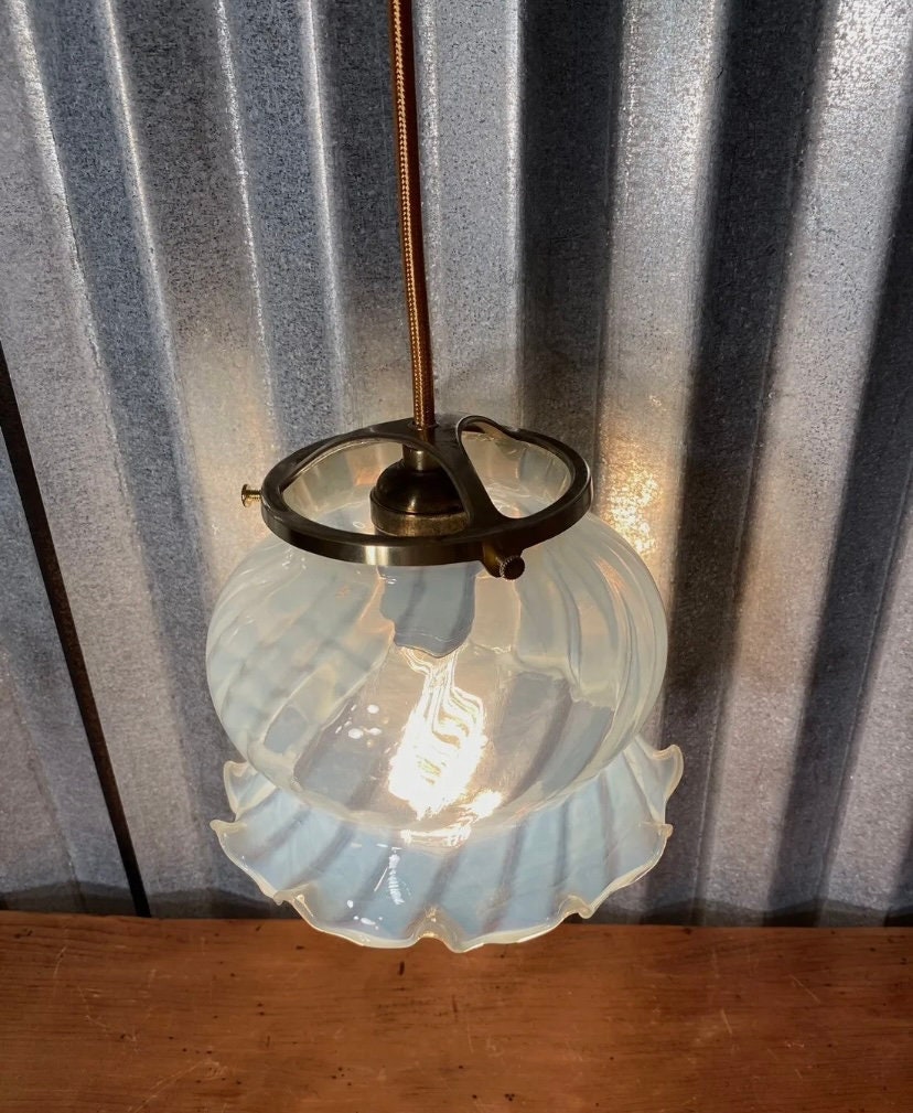 Antique Pair Authentic Fenton Glass Swirl Ruffle Opalescent Shade ...