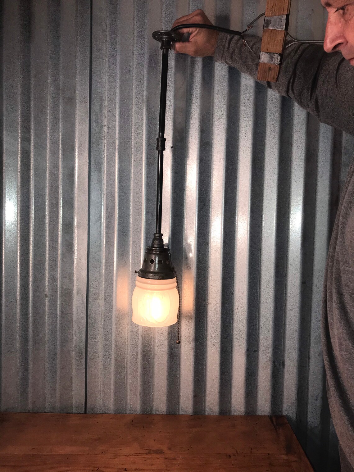 ANTIQUE VTG Industrial Pendant Light W/ Glass Gas Light Shade | Etsy