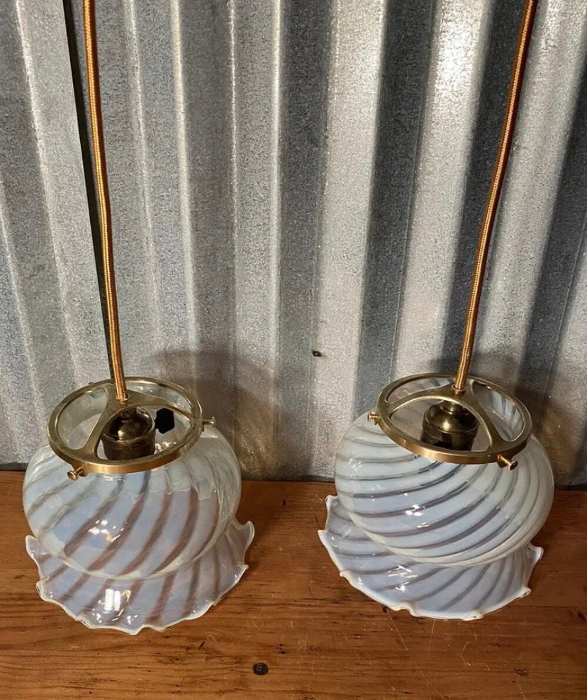 Antique Pair Authentic Fenton Glass Swirl Ruffle Opalescent Shade ...